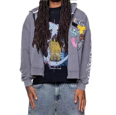 Cina In autunno abbigliamento da uomo in acido di pietra lavaggio tagliato scatola ricamata zip up felpa con cappuccio ricamato magliette vintage in vendita