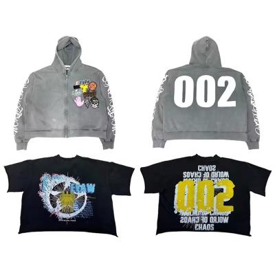 Cina In autunno abbigliamento da uomo in acido di pietra lavaggio tagliato scatola ricamata zip up felpa con cappuccio ricamato magliette vintage in vendita