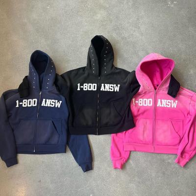 Cina Lavatura a base di acido personalizzata Sole sbiadito Rivet Strass tagliato Boxy Fit Zip Up Hoodie cotone Peso pesante 400gm in vendita