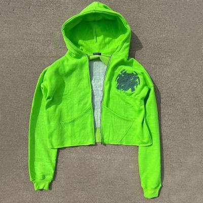 Cina Zip Up Acid Wash Hoodies Distressed Embroidery Applique Custom French Terry Crop Top in vendita