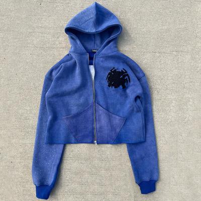 Cina Zip Up Acid Wash Hoodies Distressed Embroidery Applique Custom French Terry Crop Top in vendita