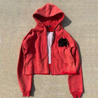 Cina Zip Up Acid Wash Hoodies Distressed Embroidery Applique Custom French Terry Crop Top in vendita