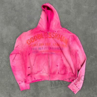 China Custom 500 Gsm Pesos Pesados Hoodie Distressed Zip Up para Homens / Unisex no Outono à venda