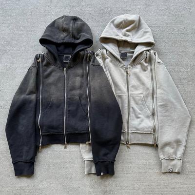 Cina Patch su misura Triple Zip Up Peso pesante francese Terry sbiadito Acid Wash Hoodie in vendita