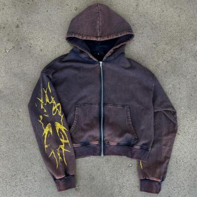 China Logotipo personalizado Impressão em tela Distressed Sem cordas de tração Duplo fecho de fechadura Acid Wash Peso pesado Caixinha cortada Homens Hoodie à venda