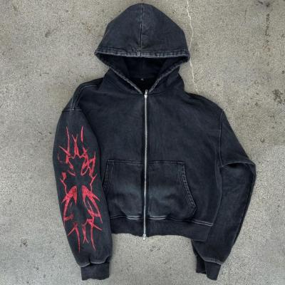 China Logotipo personalizado Impressão em tela Distressed Sem cordas de tração Duplo fecho de fechadura Acid Wash Peso pesado Caixinha cortada Homens Hoodie à venda