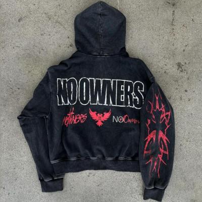 China Logotipo personalizado Impressão em tela Distressed Sem cordas de tração Duplo fecho de fechadura Acid Wash Peso pesado Caixinha cortada Homens Hoodie à venda