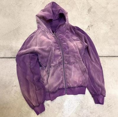 China Custom 100% Cotton 500 gsm Rhinestone Bead Studded Heavyweight Stone Washed Sun Faded Zip Up Hoodie for sale
