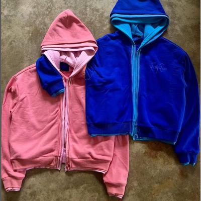 China Hoodies personalizados de algodão pesado francês Terry cortado caixa dupla três camadas zipper Hoodie para homens à venda