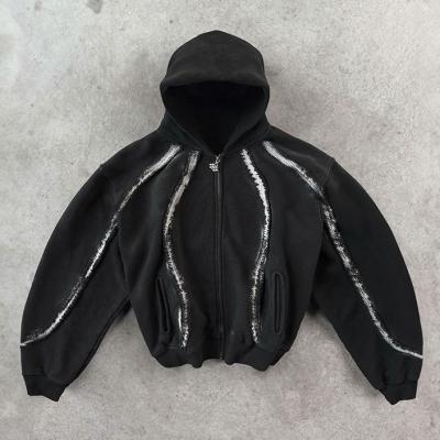 China Streetwear Hoodie Custom Vintage Fringed Strip 100% algodão Distressed Zipper Heavyweight Boxy Fit Hoodies cortados à venda