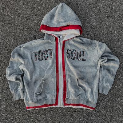 China Roupas de rua personalizadas Duplo 3 Zipper Acid Wash Vintage Baggy Boxy Fit Distressed Rhinestone Triple Layer Zip Up Hoodie à venda