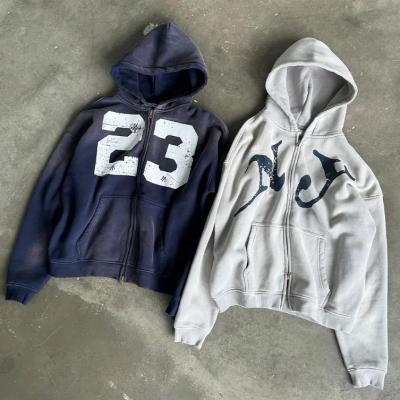 China Customizado 400 Gsm Impressão de tela de grande porte Hoodie Streetwear Homens Premium algodão lavado Vintage Duplo Zip Up Hoodie à venda
