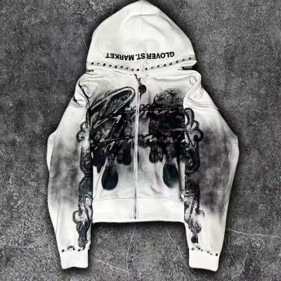 中国 カスタム 汚れた洗濯 Zipper ラインストーン フーディ 男性 グラフィック印刷 ロゴ フランス テリー ストリートウェア ヴィンテージ 困った フーディ 販売のため
