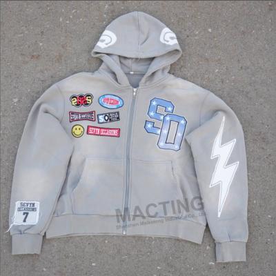 Cina Fabbricante di felpe personalizzate Uomini abbigliamento di strada Vintage Acid Wash Distressed Embroidery Applique Patchwork Acid Wash Hoodie in vendita
