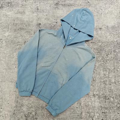 China Custom 2025 Streetwear Zware Rhinestone Hoodie Unisex Blanco Vintage Zongebleekt Zuur Gewassen Oversized Hoodies met Ritssluiting Te koop