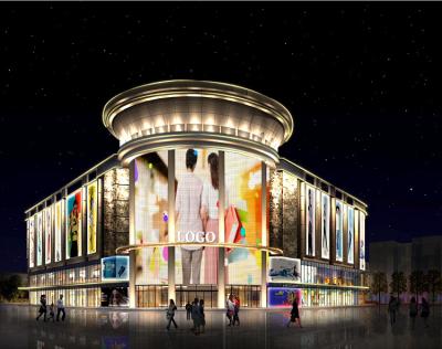 China Flexible LED Curtain Wall Display High Transparency P83 IP67 PC Body Point Light for sale