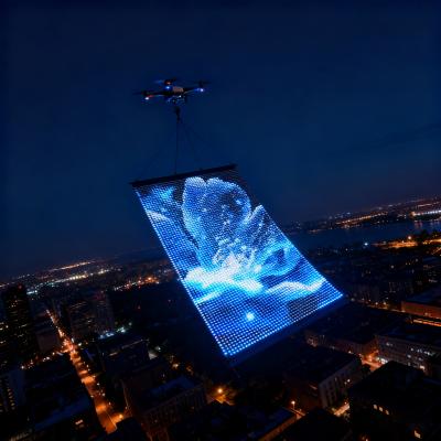 China Flexible P25 Flag Banner Outdoor Ultra Transparent Drone Show Advertisement LED Magic Carpet MeshFlying LED Display Screen for sale