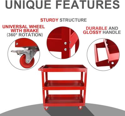 中国 重荷3階建てのメカニカルストレージカート ハンドルバーとブレーキホイール付きユーティリティカート 販売のため