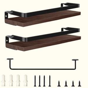 Cina Polvere rivestita Decorative Storage Rack Mensola galleggiante Brackets con binari Set di 2 legno bruciato Rustico ripiani a parete galleggianti in vendita