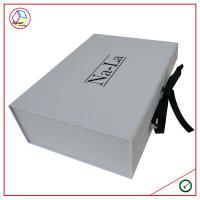 China Foldable Rectangular Rigid Gift Boxes Plastic Coating With Ribbon Decoration for sale
