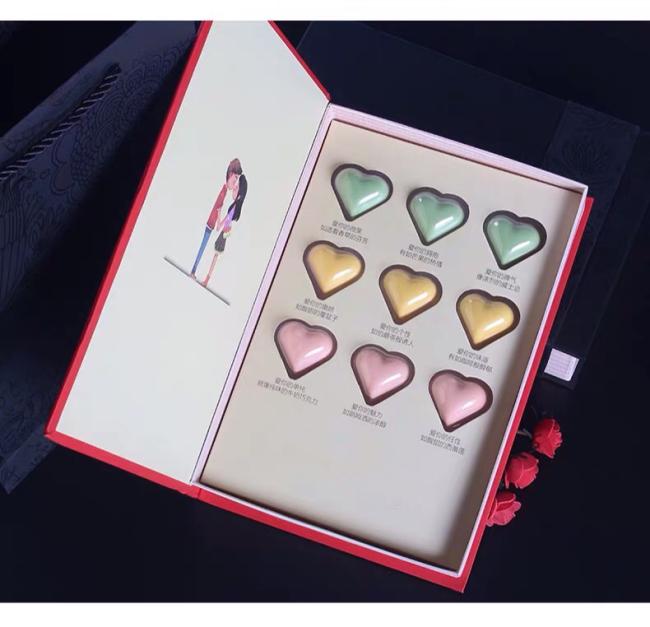 Detailed view of drawer-type chocolate box with paperboard divider