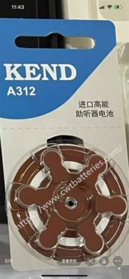 Cina KEND A312 1.45V 120mAh Batteria ad aria di zinco per l'udito con etichetta bianca Batterie innocue, 6 pezzi/pacco in vendita
