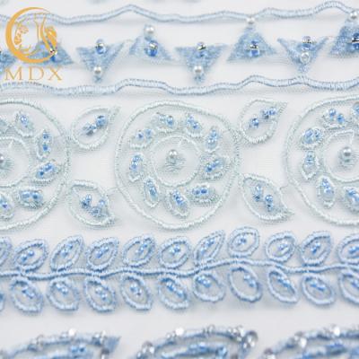 Cina Tessuto blu-chiaro africano del pizzo del ricamo 3D fatto a mano per gli abiti da sera in vendita