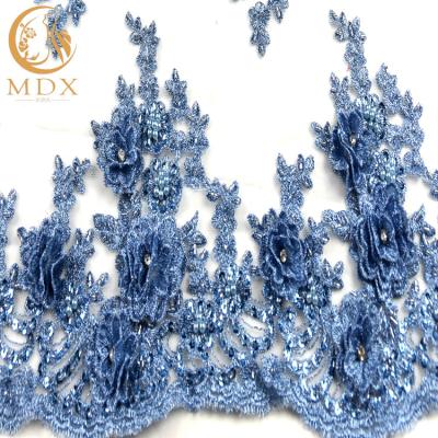 Cina tessuto africano blu fatto a mano del pizzo del tessuto del pizzo del cristallo di rocca del ricamo 3D in vendita