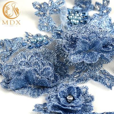 Cina tessuto africano blu fatto a mano del pizzo del tessuto del pizzo del cristallo di rocca del ricamo 3D in vendita