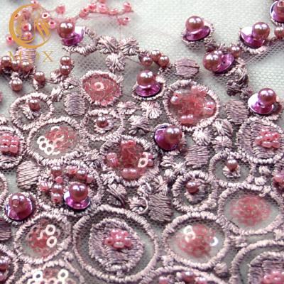 Cina Il tessuto fucsia del pizzo del ODM ha ricamato il nylon di 80% con la decorazione di scintillio in vendita