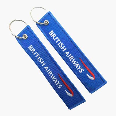 China British Airways Custom Embroidered Key Tags Double Sided Reinforced Metal Ring for sale
