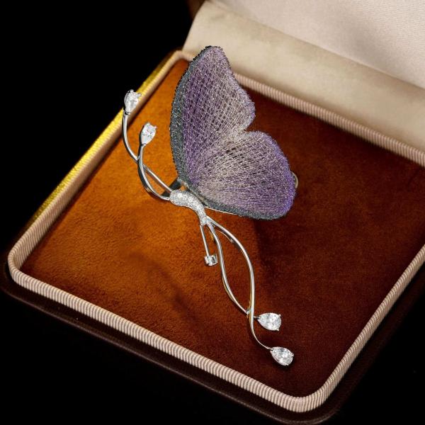 Quality Customizable Side-Profile Butterfly Brooch - Lavender Gradient Wings & Silver Vine Elegance for sale