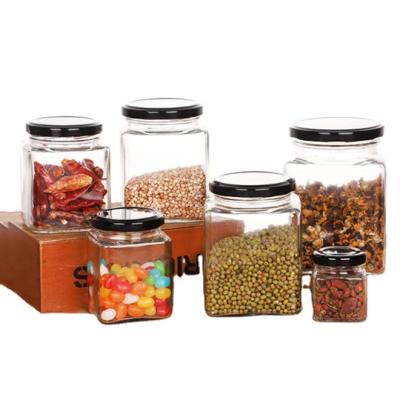 China High quality square glass hot sauce jar chili bottle tomato sauce honey jar pickles beef paste bottle with metal lid for sale