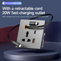 China Universal Type-C USB Socket with Retractable Charging Cable, PC Panel, 20W USBA+USBC Port, Wall Fast Charging USB Socket for sale