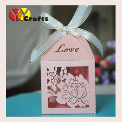 China Handmade gift wedding boxes laser cut love theme candy favor box free ribbon for sale