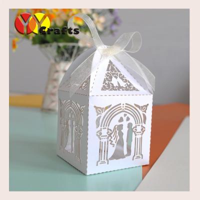 China White bride and groom shape handmade paper laser cut wedding favor box with ribbon for sale