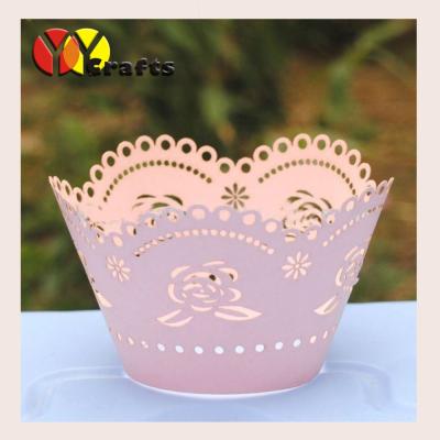 China Super nice pink lace cut paper flower wedding cupcake holder with 25pcs per set for sale