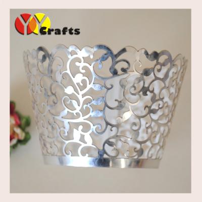China Flower branch laser cut cupcake wrappers metallic silver paper various colors for sale