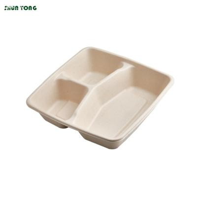 China 9 Inch 3 Compartment Bagasse Takeaway Box Container With Lid for sale