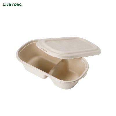 China Takeaway Bagasse Clamshell Containers 850ml 2 Compartment Salad Lunch Box for sale
