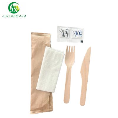 China Biodegradable disposable wooden cutlery kit 5/1 (fork+spoon+napkin+salt&peper) for sale