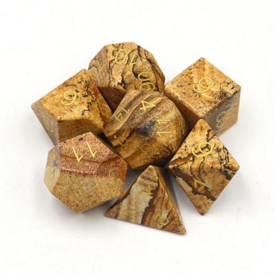 China Natural Picture Jasper Gemstone Polyhedral Dice Set - Hand Carved DND Dice with Golden Ink Engraved Numbers for sale