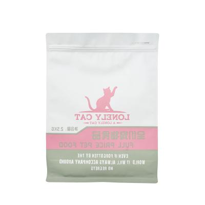 China 2500g Custom Matte White 8 Sides Seal AL Foil Coated Square Box Bottom Pet Food Packaging Bags with Easy-open Zipper for sale