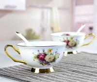 China Customized New Bone China Ceramic Cup and Saucer Set with Gold Handle 12pcs for sale