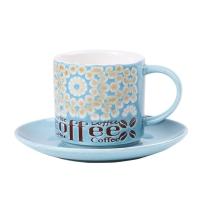 China Embossed Stackable Ceramic Cup and Saucer Set Silk Screen Blue 300ml Microwave Safe for sale