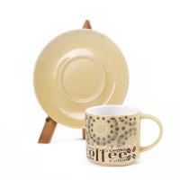 China Embossed Stackable Ceramic Cup and Saucer Set Silk Screen Blue 300ml Microwave Safe for sale