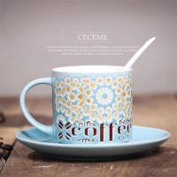 China Embossed Stackable Ceramic Cup and Saucer Set Silk Screen Blue 300ml Microwave Safe for sale
