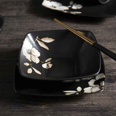 China 5pcs On Glazed  Porcelain Dinnerware Set Marble Matte Black For Sushi Shop for sale