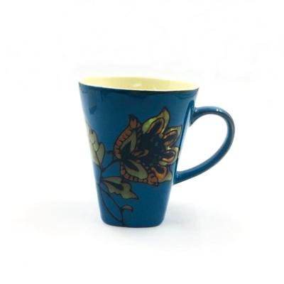China 14 Oz Blue Glazed Stoneware Mug Ceramic Coffee Mug With Flower Design for sale