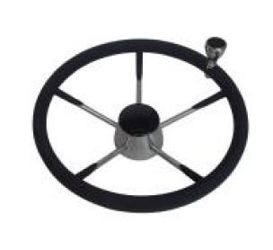 China Black Hot Selling Boat Stainless Steel Wheel With PVC Foam & Knob 5 Spoke for sale